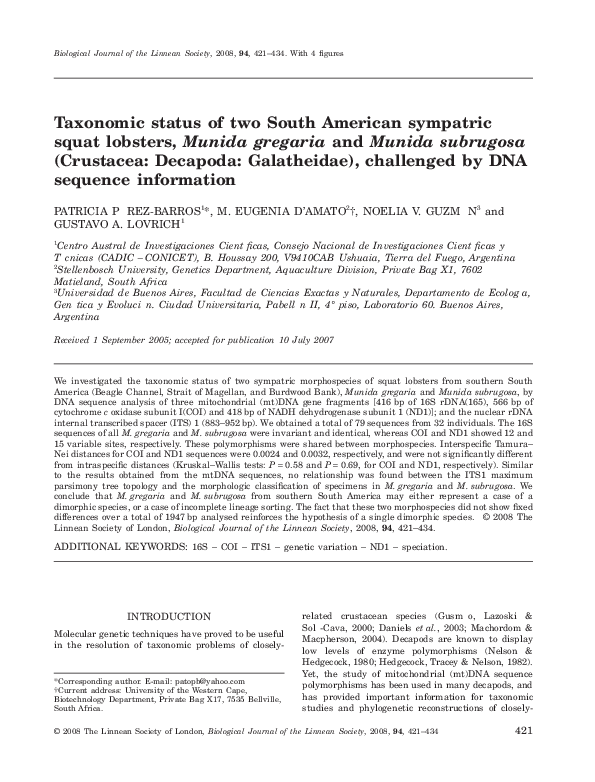 (PDF) Taxonomic status of two South American sympatric squat lobsters ...