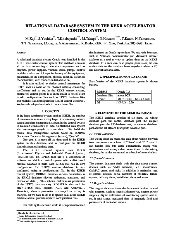 (PDF) Relational Database System in the Kekb Accelerator Control System