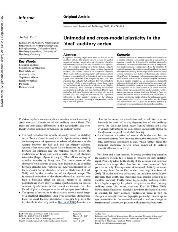 Pdf Unimodal And Cross Modal Plasticity In The ‘deaf Auditory Cortex