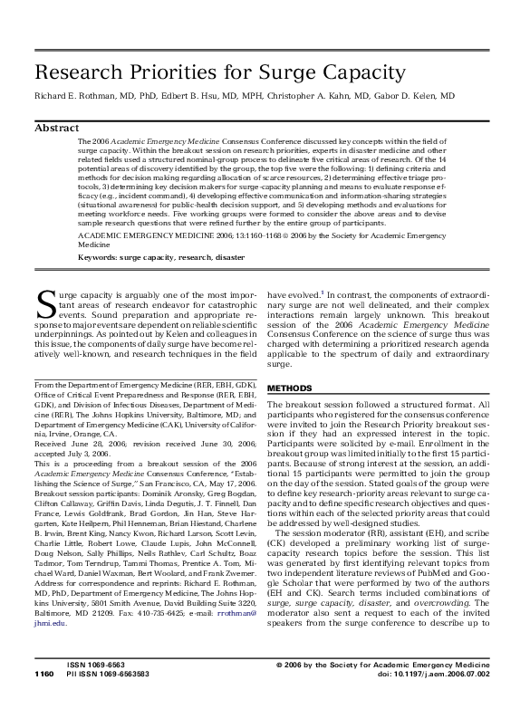 (PDF) Research Priorities for Surge Capacity | Richard Rothman ...