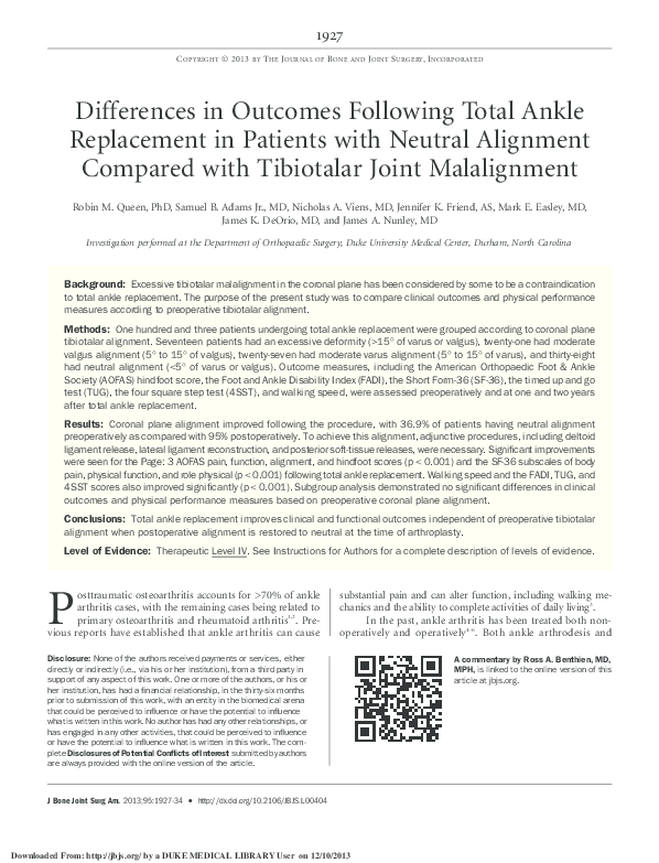 (PDF) Differences in Outcomes Following Total Ankle Replacement in ...