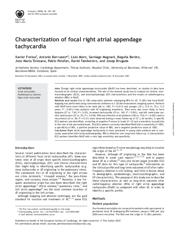 Pdf Characterization Of Focal Right Atrial Appendage Tachycardia