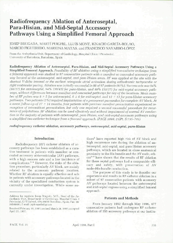 (PDF) Radiofrequency Ablation of Anteroseptal, Para-Hisian, and Mid-Septal Accessory Pathways ...
