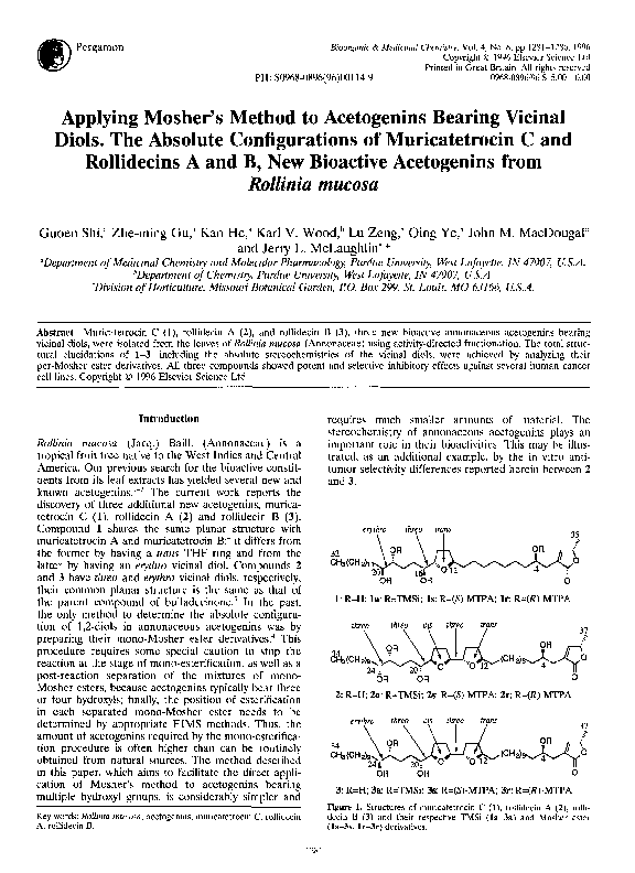 (PDF) Applying Mosher's method to acetogenins bearing vicinal diols. The absolute configurations ...