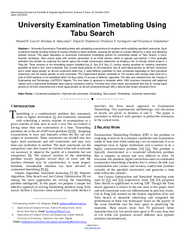 (PDF) University Examination Timetabling Using Tabu Search