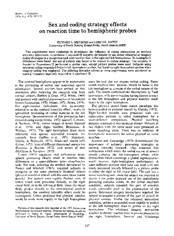 Pdf Sex And Coding Strategy Effects On Reaction Time To Hemispheric