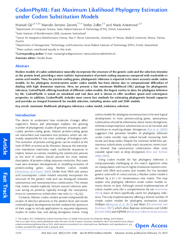 Pdf Codonphyml Fast Maximum Likelihood Phylogeny Estimation Under Codon Substitution Models