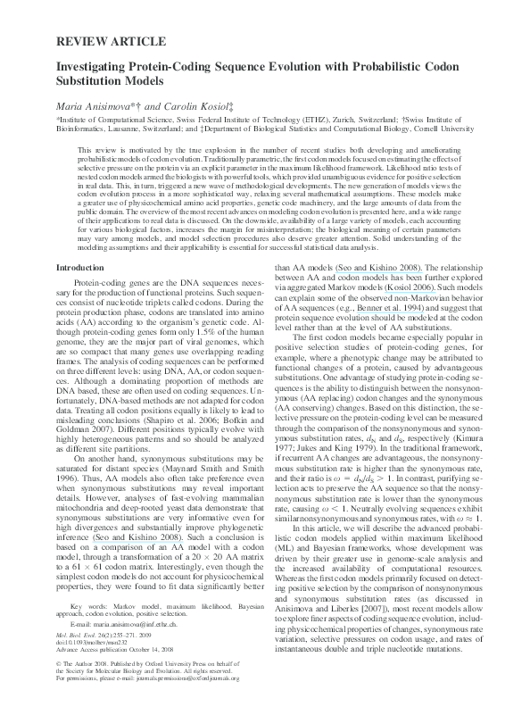 Pdf Investigating Protein Coding Sequence Evolution With