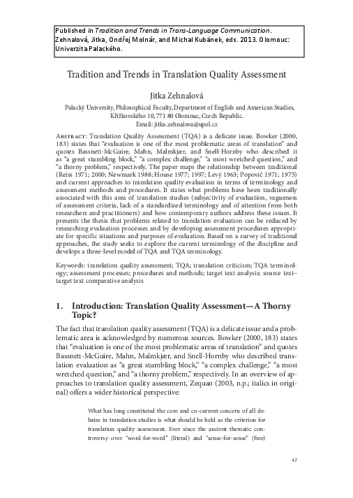 (PDF) Tradition and Trends in Translation Quality assessment