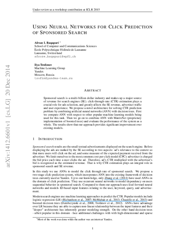 (PDF) Using Neural Networks for Click Prediction of Sponsored Search
