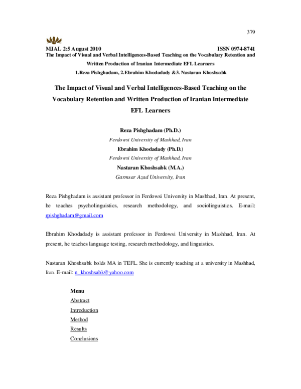(PDF) The Impact of Visual and Verbal Intelligences-Based Teaching on ...