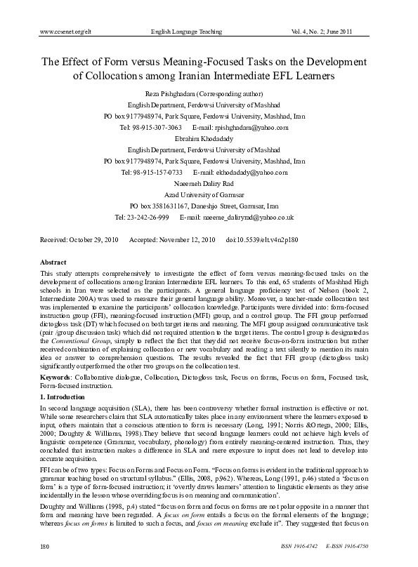 (PDF) The Effect of Form versus Meaning-Focused Tasks on the ...