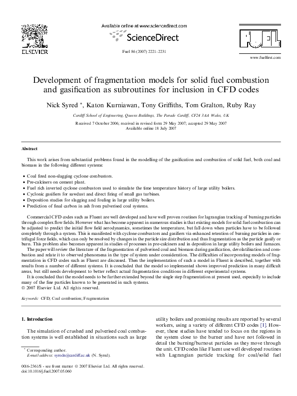 (PDF) Development of fragmentation models for solid fuel combustion and ...
