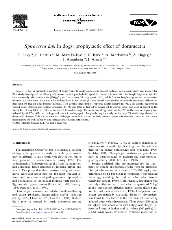 (PDF) Spirocerca lupi in dogs: prophylactic effect of doramectin