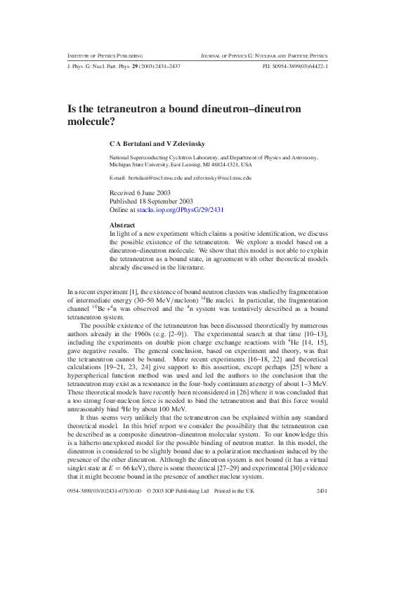 (PDF) Is the tetraneutron a bound dineutron–dineutron molecule?