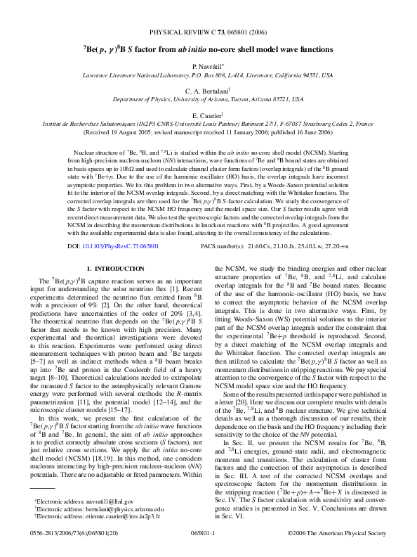 (PDF) ^7Be(p,gamma)^8B S-factor from ab initio wave functions: I. Overlap integral calculation