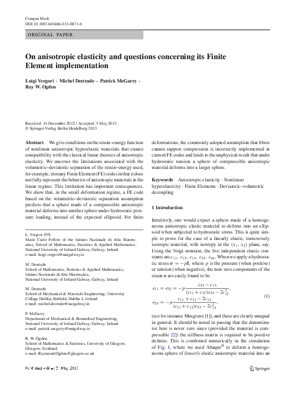 (PDF) On anisotropic elasticity and questions concerning its Finite Element implementation