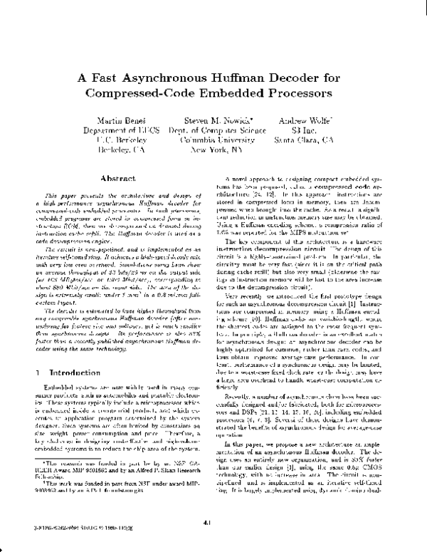 (PDF) A Fast Asynchronous Huffman Decoder for Compressed-Code Embedded Processors