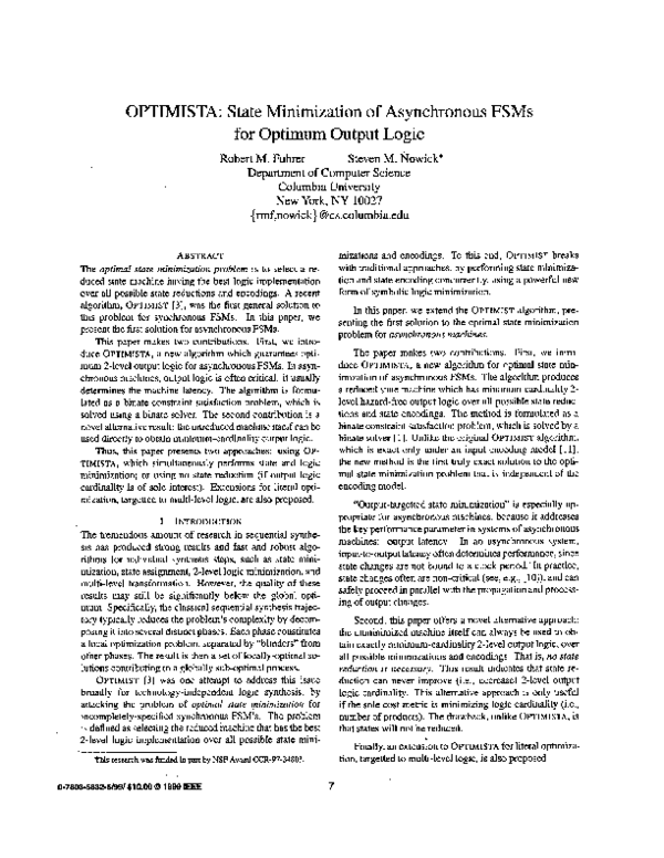 Pdf Optimista State Minimization Of Asynchronous Fsms For Optimum Output Logic Steven 0415