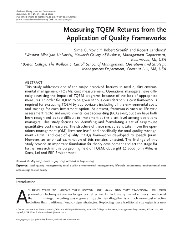 (PDF) Measuring TQEM returns from the application of quality frameworks