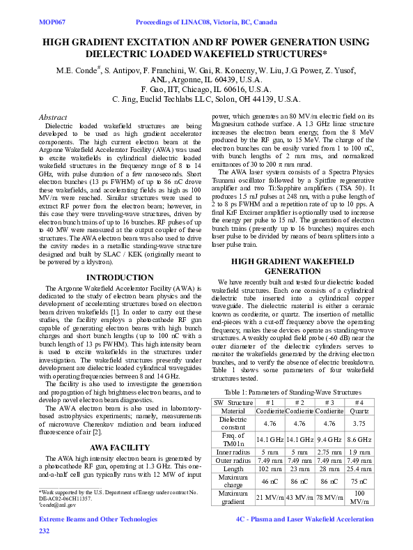 (PDF) High Gradient Excitation and RF Power Generation using Dielectric Loaded Wakefield Structures