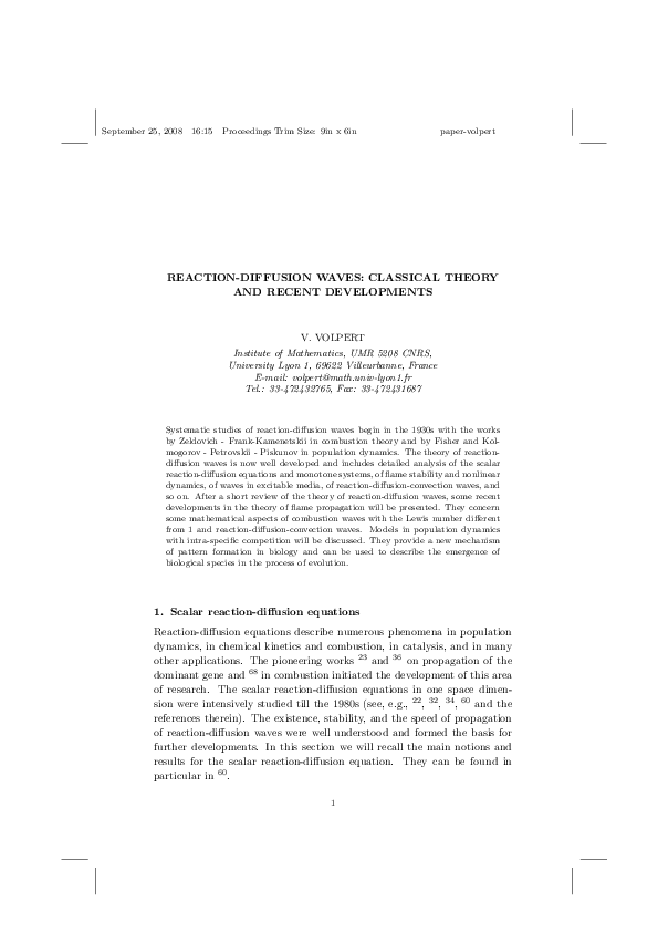 Pdf Reaction Diffusion Waves Classical Theory And Recent Developments