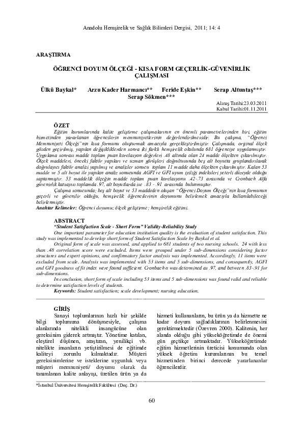 (PDF) “Student Satisfaction Scale - Short Form” Validity-Reliability Study