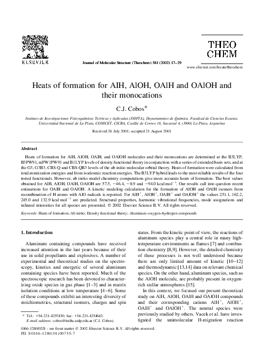 (PDF) Heats of formation for AIH, AlOH, OAlH and OAlOH and their ...