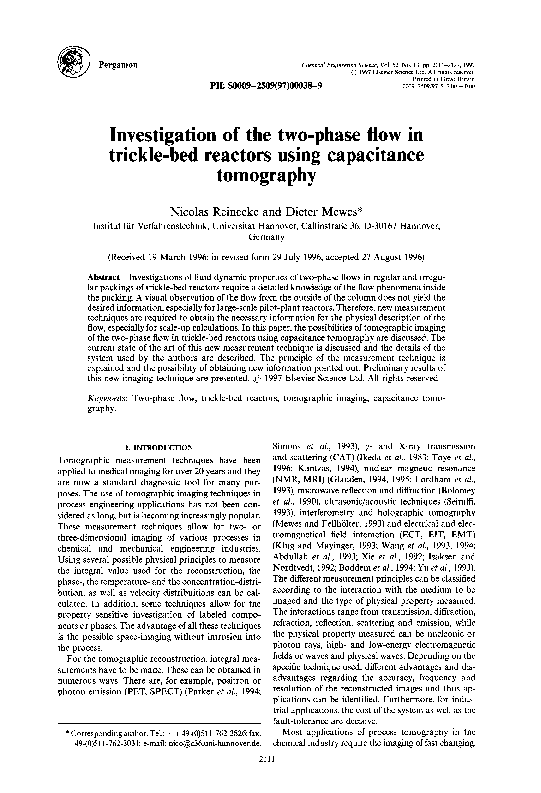 (PDF) Investigation of the two-phase flow in trickle-bed reactors using capacitance tomography