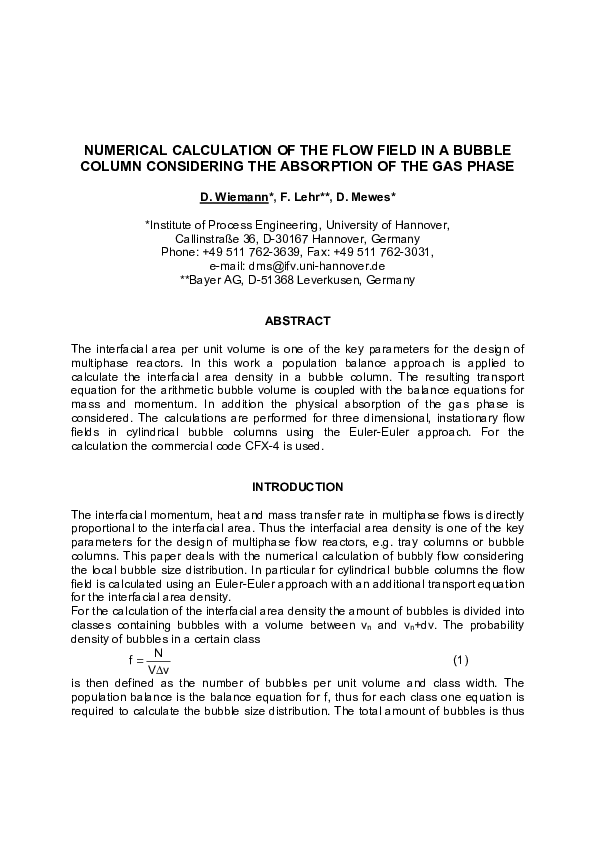 (PDF) Numerical Calculation of the Flow Field in Bubble Columns Using a Simplified Form of the ...