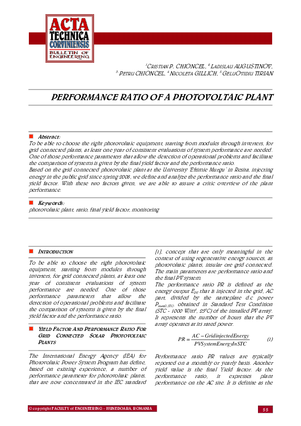(PDF) Performance Ratio of a Photovoltaic Plant