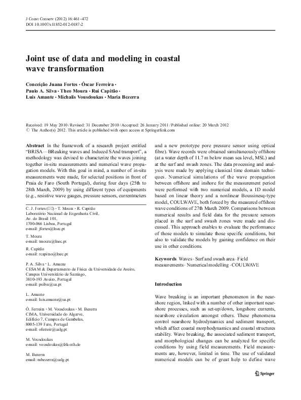(PDF) Joint use of data and modeling in coastal wave transformation