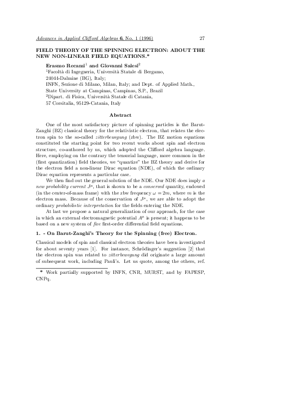 (PDF) Field Theory of the Spinning Electron: About the New Non-Linear ...