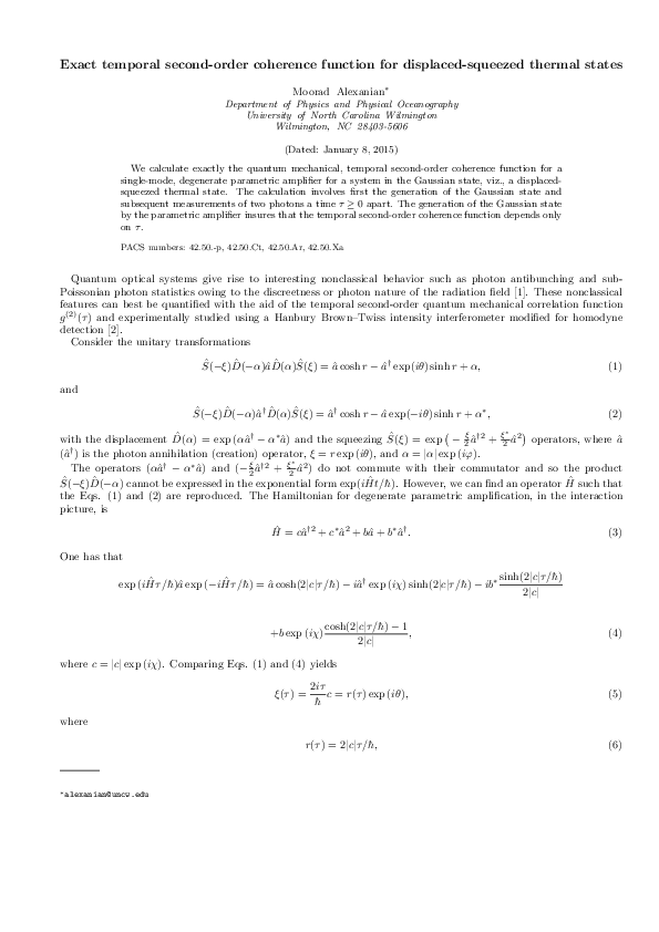 Pdf Exact Temporal Second Order Coherence Function For Displaced