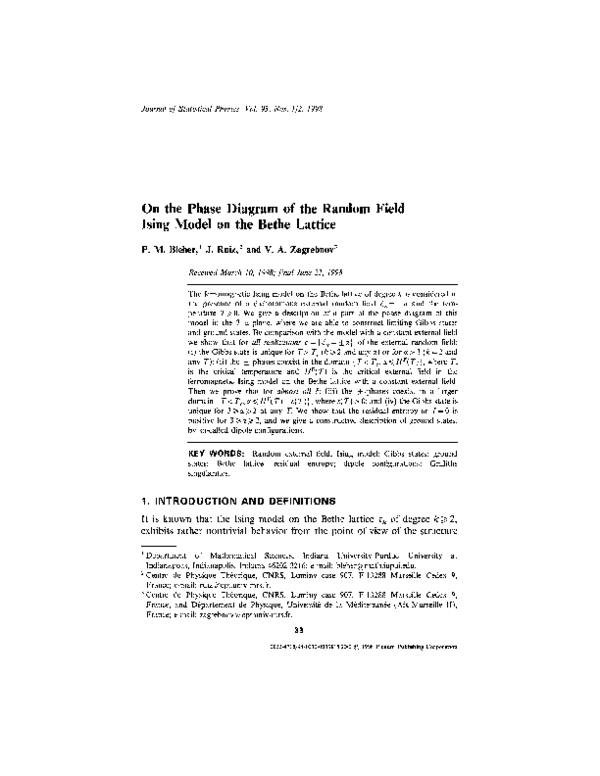 (PDF) On the Phase Diagram of the Random Field Ising Model on the Bethe Lattice