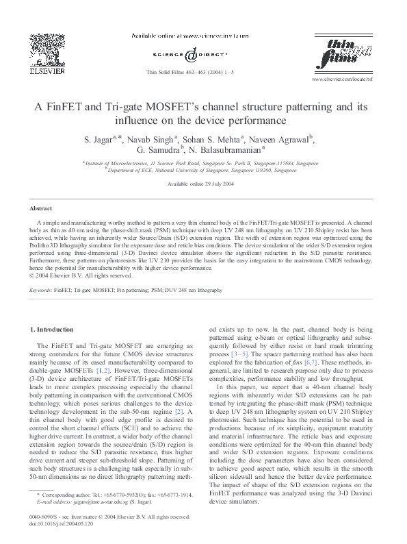 (PDF) A FinFET and Tri-gate MOSFET's channel structure patterning and ...