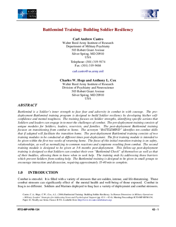 (PDF) Battlemind Training: Building Soldier Resiliency