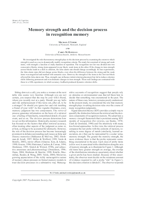 (PDF) Memory strength and the decision process in recognition memory