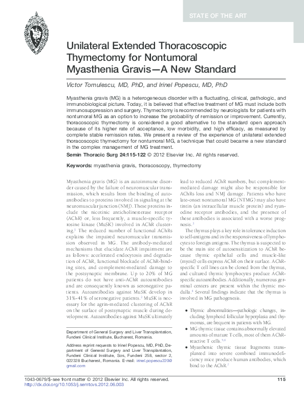 (PDF) Unilateral Extended Thoracoscopic Thymectomy for Nontumoral ...