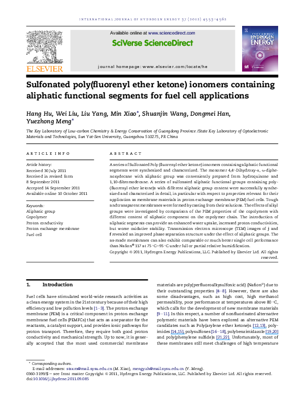 (PDF) Sulfonated poly(fluorenyl ether ketone) ionomers containing ...