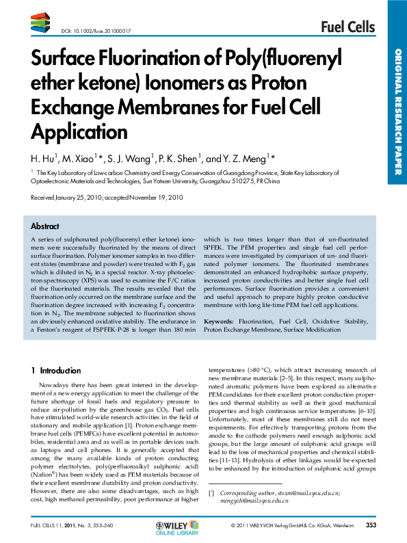(PDF) Surface Fluorination of Poly(fluorenyl ether ketone) Ionomers as ...