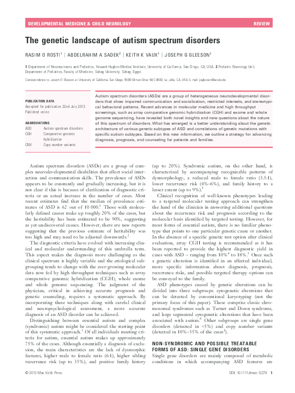 Pdf The Genetic Landscape Of Autism Spectrum Disorders