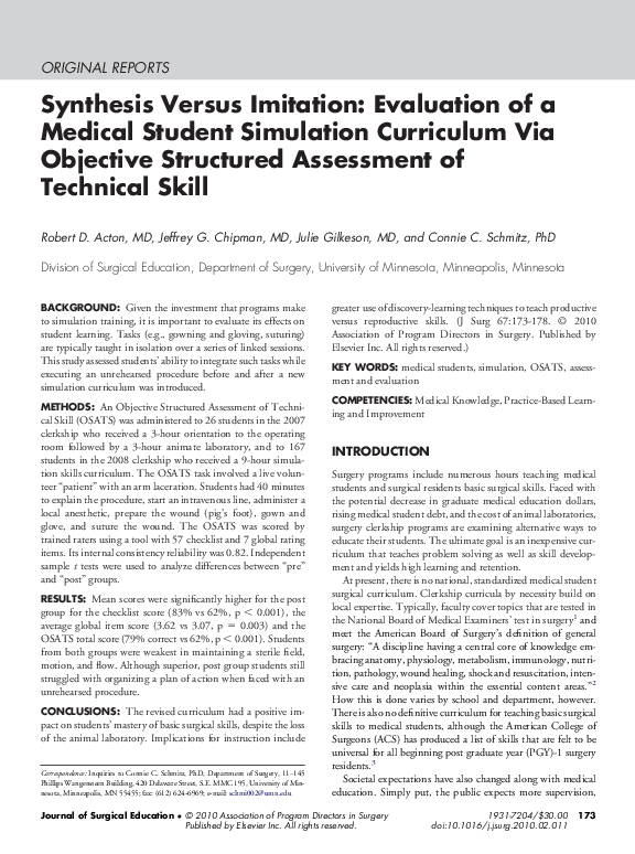 (PDF) Synthesis Versus Imitation: Evaluation of a Medical Student ...