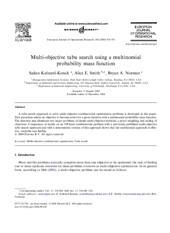 (PDF) Multi-objective tabu search using a multinomial probability mass function | Bryan Norman ...