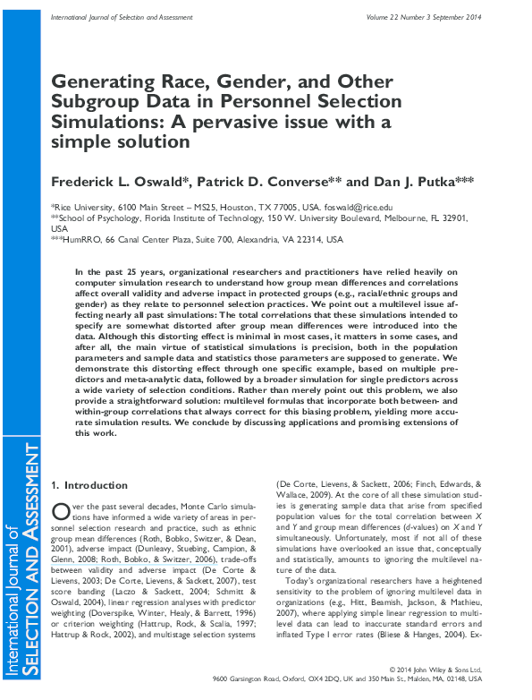 Pdf Generating Race Gender And Other Subgroup Data In Personnel Selection Simulations A