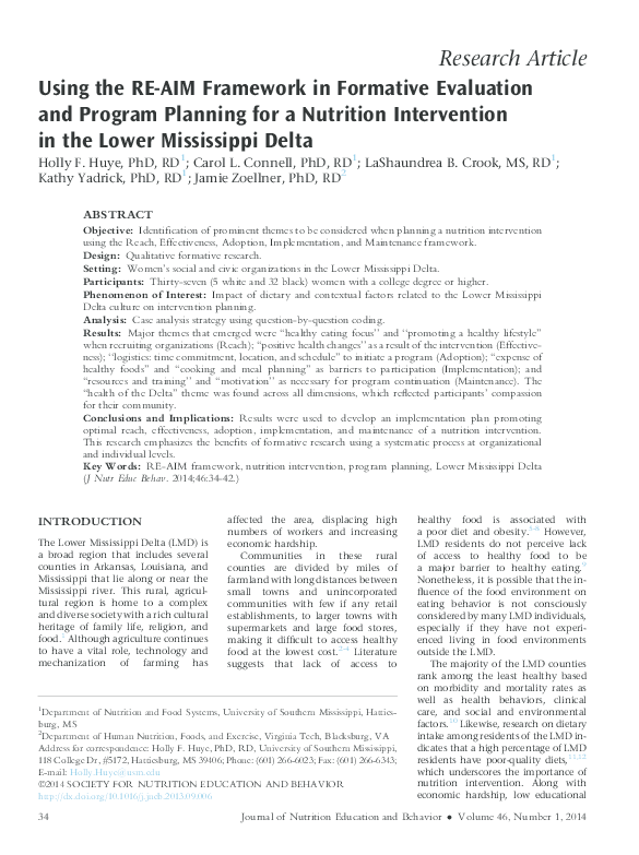 (PDF) Using the RE-AIM Framework in Formative Evaluation and Program Planning for a Nutrition ...