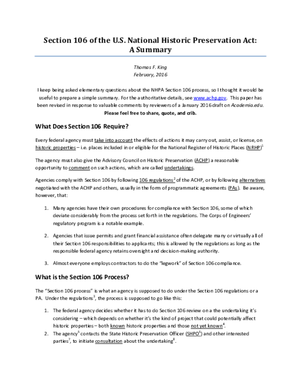 (PDF) Section 106 of the U.S. National Historic Preservation Act: A Summary