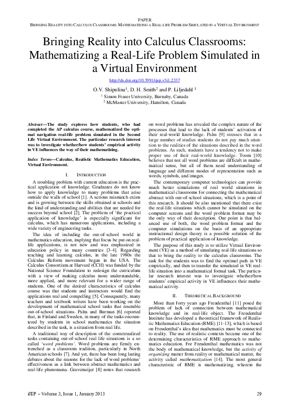 (PDF) PAPER BRINGING REALITY INTO CALCULUS CLASSROOMS: MATHEMATIZING A ...