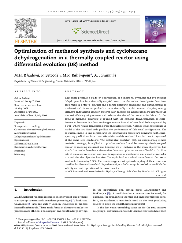(PDF) Optimization of methanol synthesis and cyclohexane dehydrogenation in a thermally coupled ...