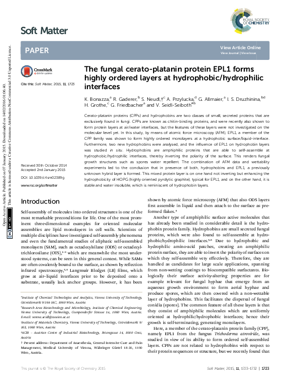 (PDF) The fungal cerato-platanin protein EPL1 forms highly ordered layers at hydrophobic ...